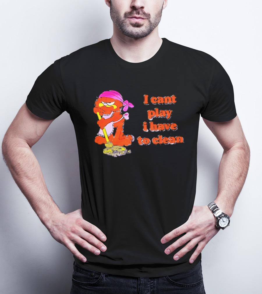 Garfield I Can't Play I Have To Clean Comic Image With Mop And Bandana T-Shirt