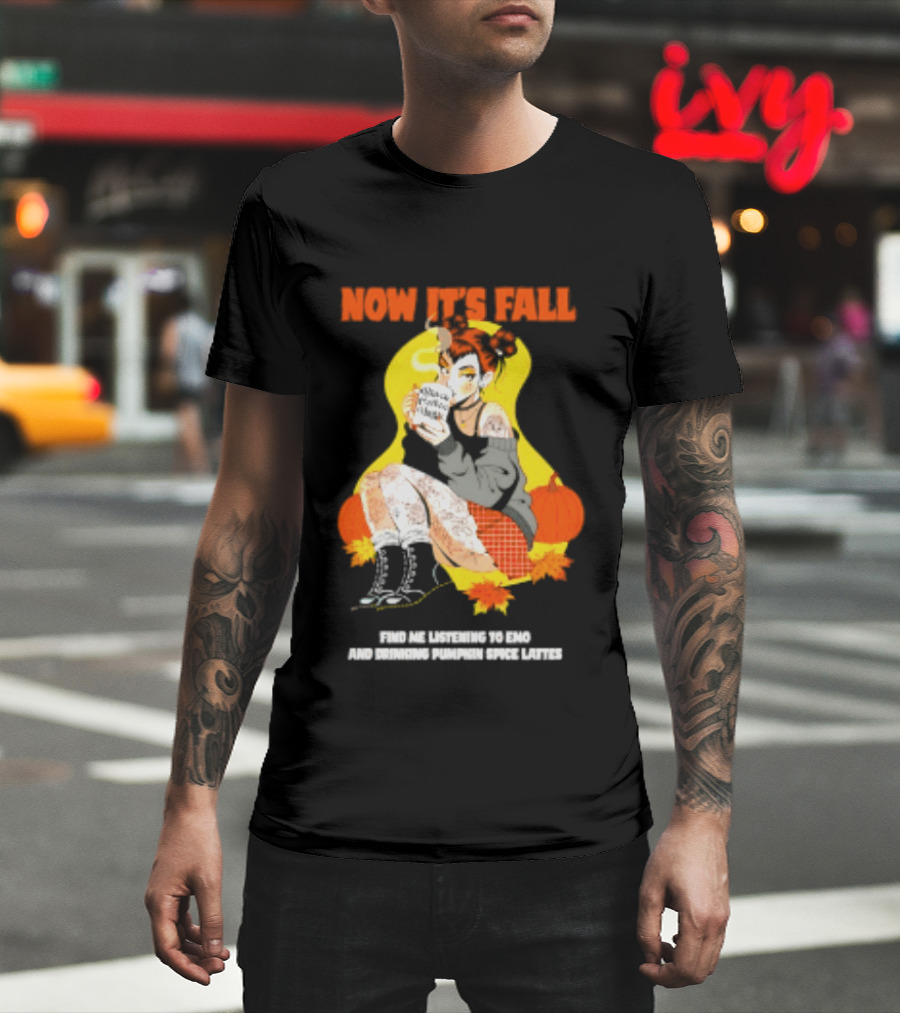 Now It's Fall Emo And Pumpkin Spice Lattes Aesthetic Cozy Autumn Vibes T-Shirt