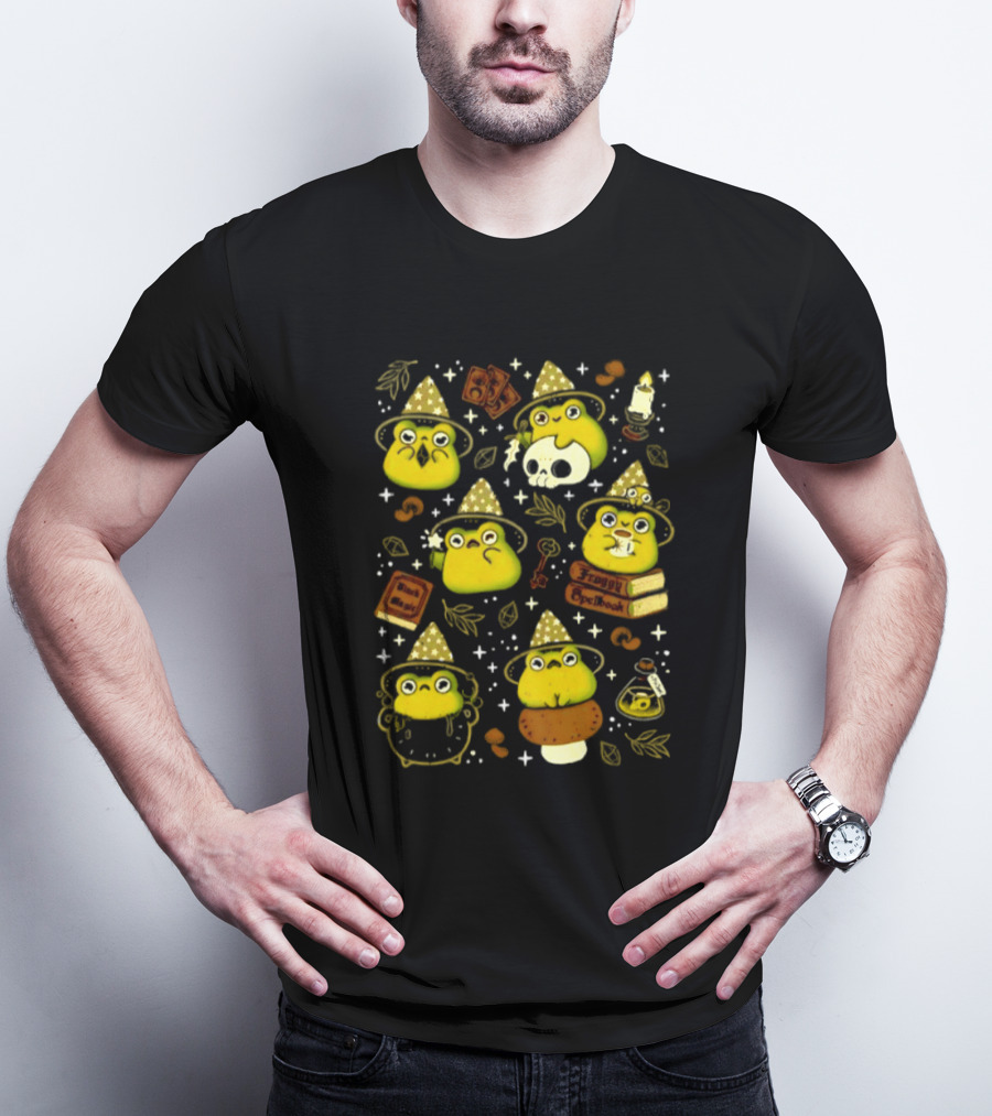 Witchy Froggy Spellbook Black Magic Poison Wizard Hat Mushrooms Potion Bottles T-Shirt