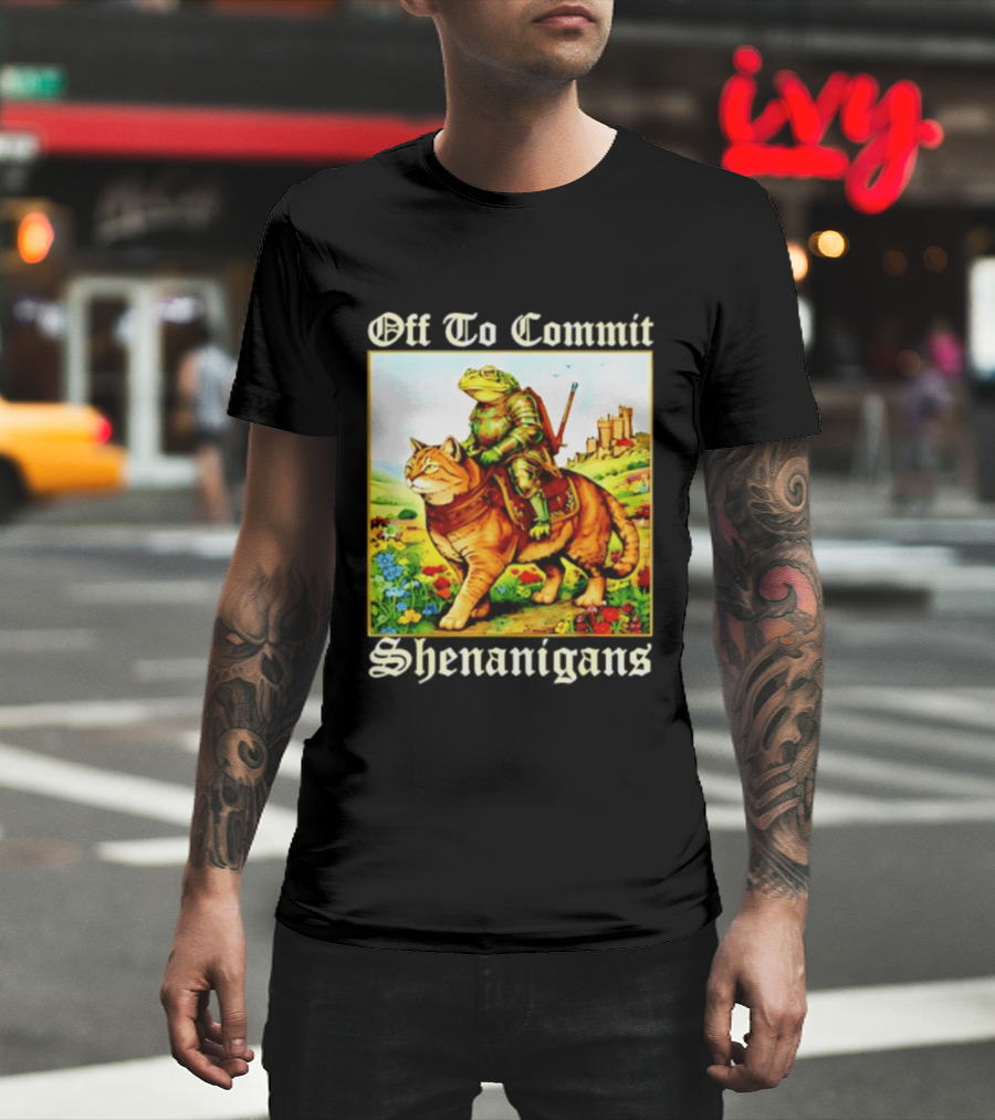Off To Commit Shenanigans Frog Knight Riding Cat Medieval Adventure T-Shirt