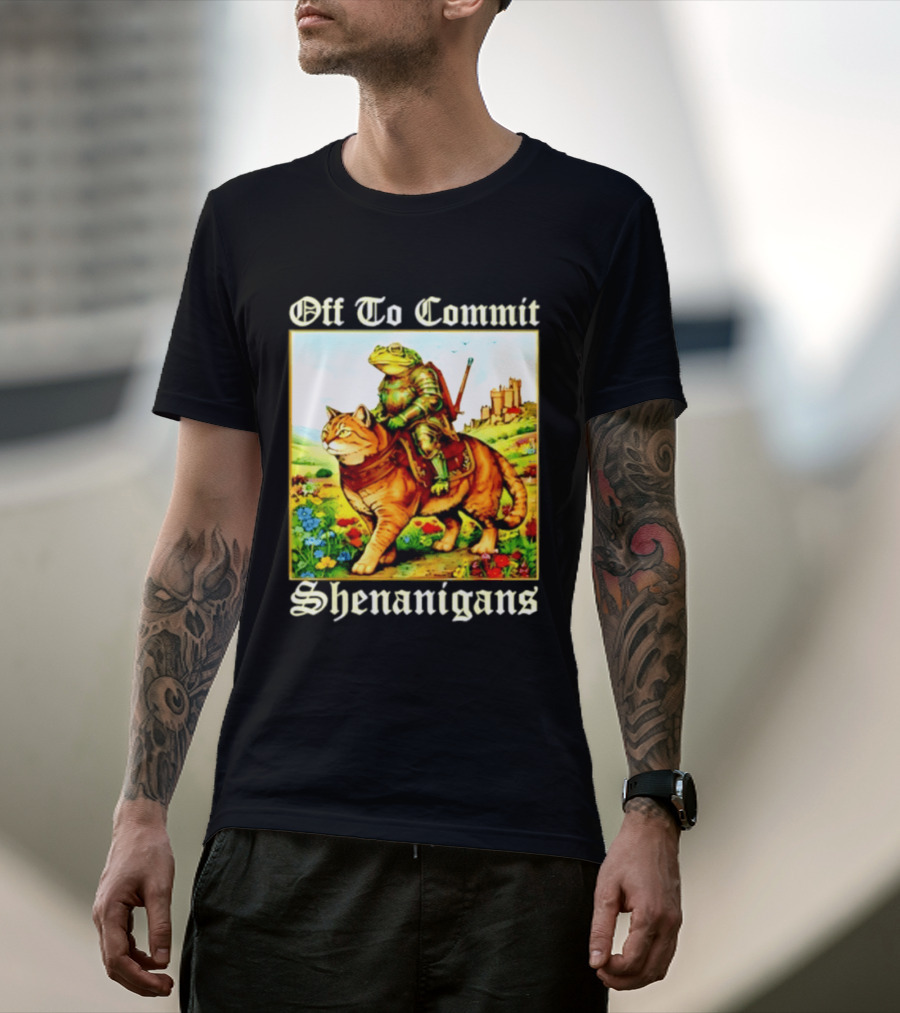 Off To Commit Shenanigans Frog Knight Riding Cat Medieval Adventure T-Shirt