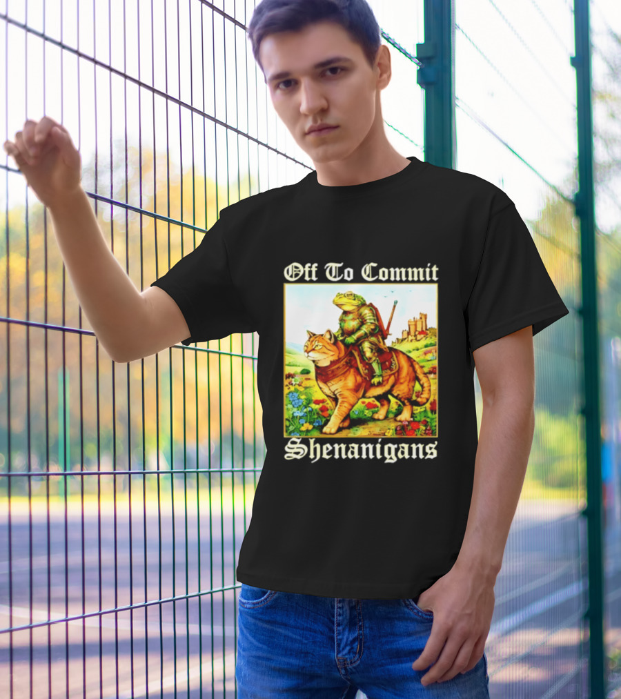 Off To Commit Shenanigans Frog Knight Riding Cat Medieval Adventure T-Shirt