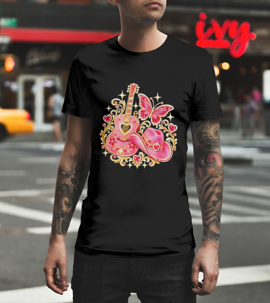 Pink Rhinestone Guitar Cowboy Hat Butterfly Hearts Sparkles T-Shirt