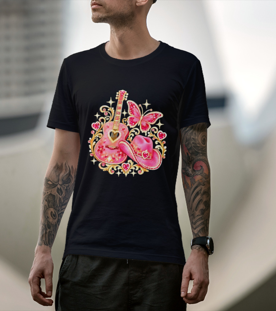 Pink Rhinestone Guitar Cowboy Hat Butterfly Hearts Sparkles T-Shirt