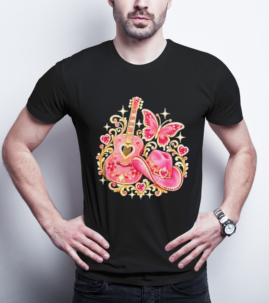 Pink Rhinestone Guitar Cowboy Hat Butterfly Hearts Sparkles T-Shirt