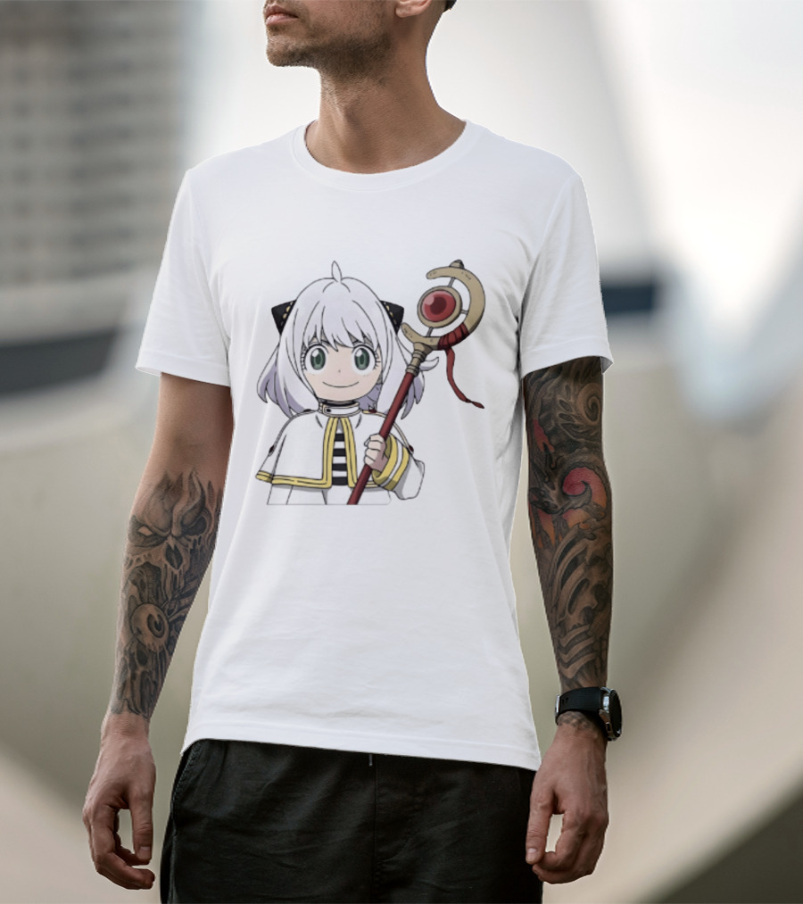 Anya Forger Frieren Crossover Anime Character With Magical Staff T-Shirt
