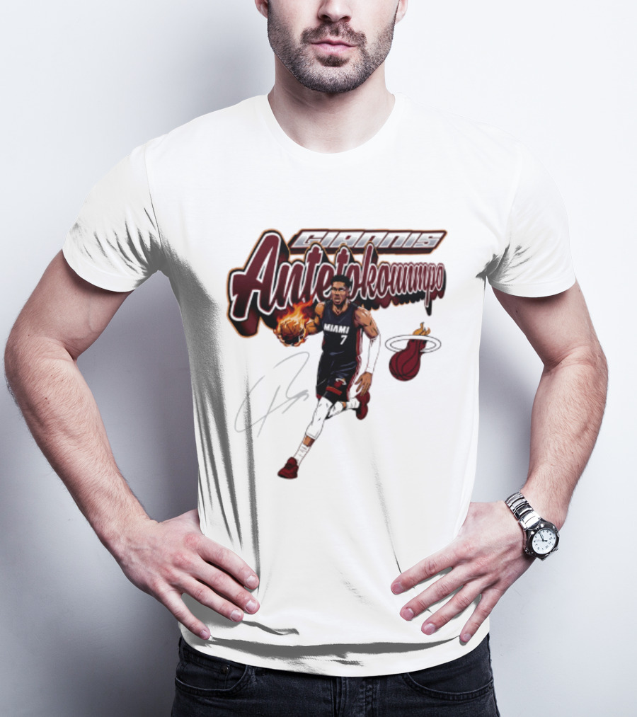 Giannis Antetokounmpo Miami Heat Basketball Cursive Script T-Shirt