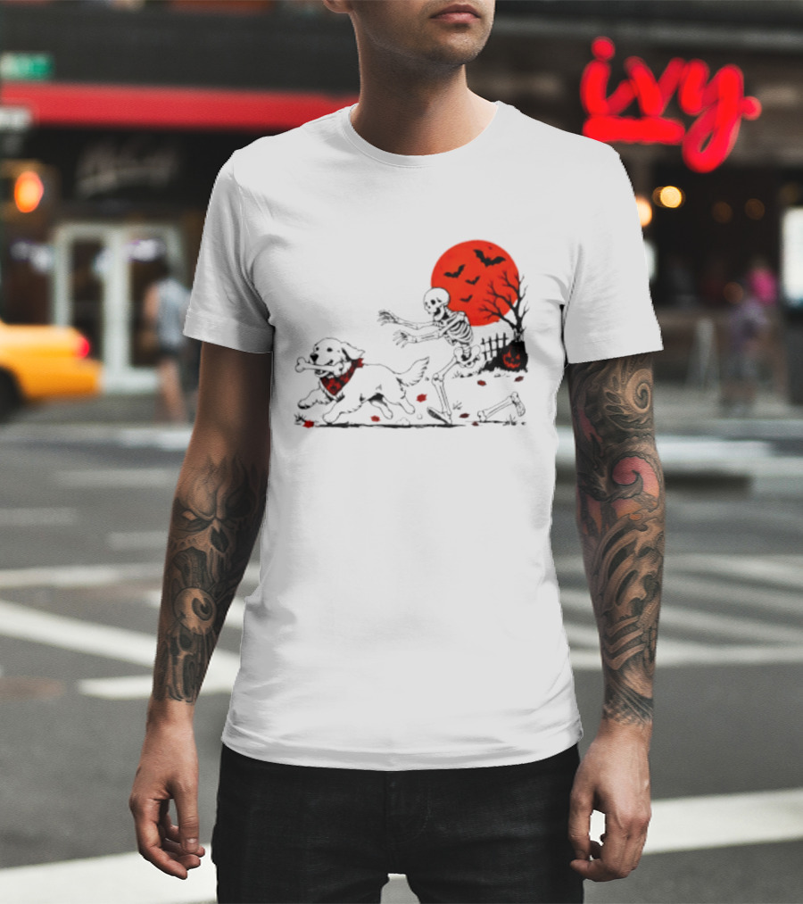Golden Retriever And Skeleton Chase Under Red Moon With Bats And Pumpkin T-Shirt