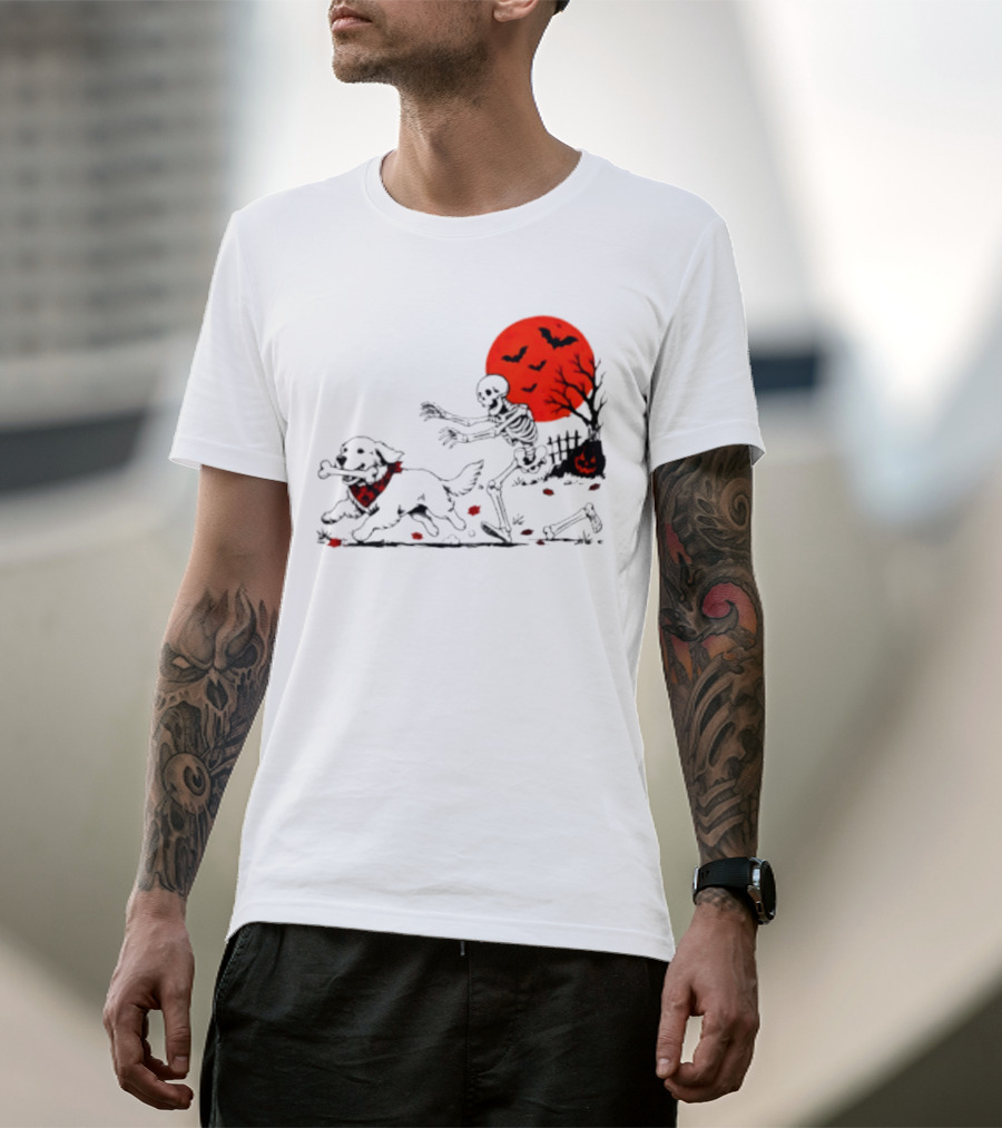 Golden Retriever And Skeleton Chase Under Red Moon With Bats And Pumpkin T-Shirt
