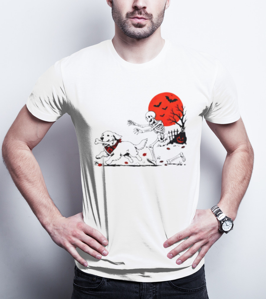 Golden Retriever And Skeleton Chase Under Red Moon With Bats And Pumpkin T-Shirt