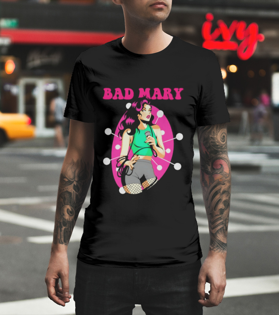 Bad Mary Punk Rock Band Female Singer Microphone Neon T-Shirt