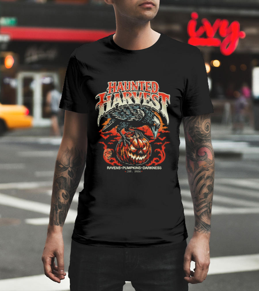 Haunted Harvest Ravens Pumpkins Darkness Est 2026 T-Shirt