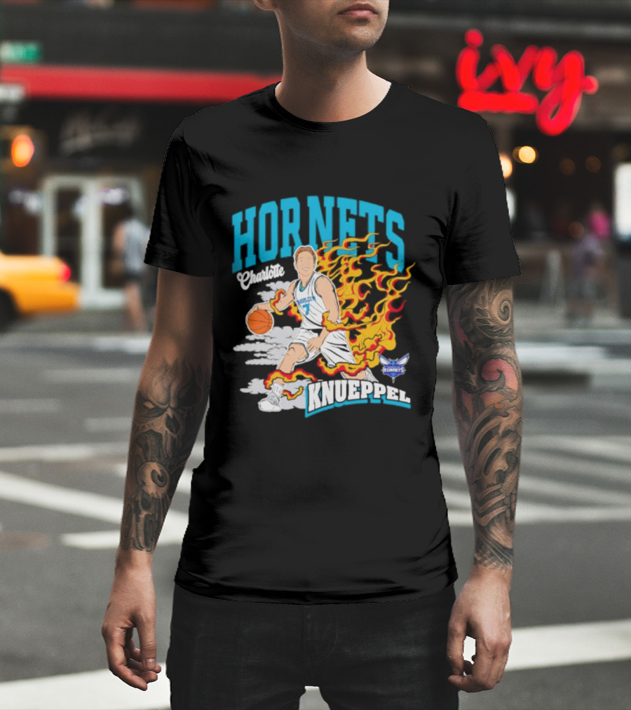 Charlotte Hornets Kon Knueppel Basketball With Flames Motif T-Shirt