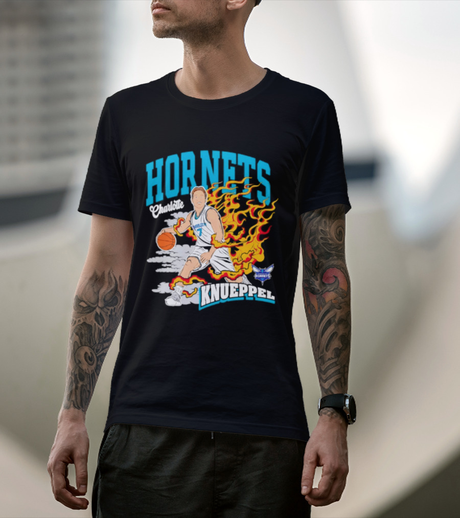 Charlotte Hornets Kon Knueppel Basketball With Flames Motif T-Shirt