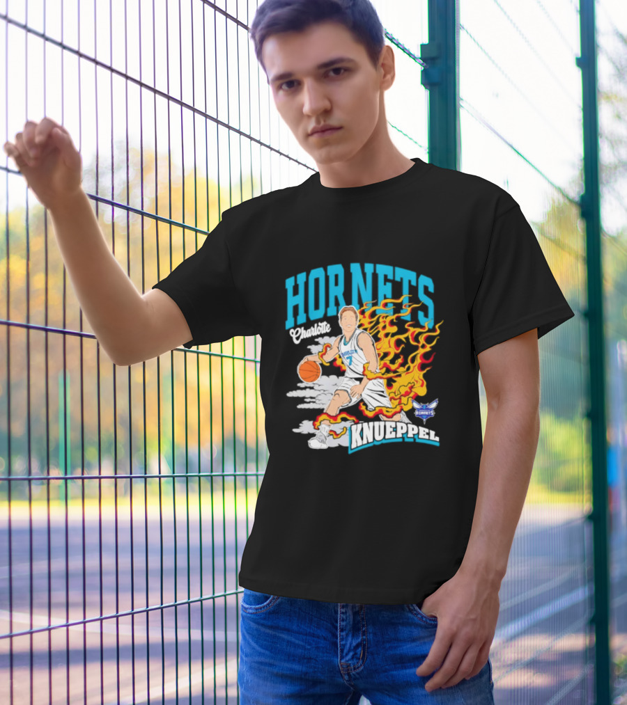 Charlotte Hornets Kon Knueppel Basketball With Flames Motif T-Shirt