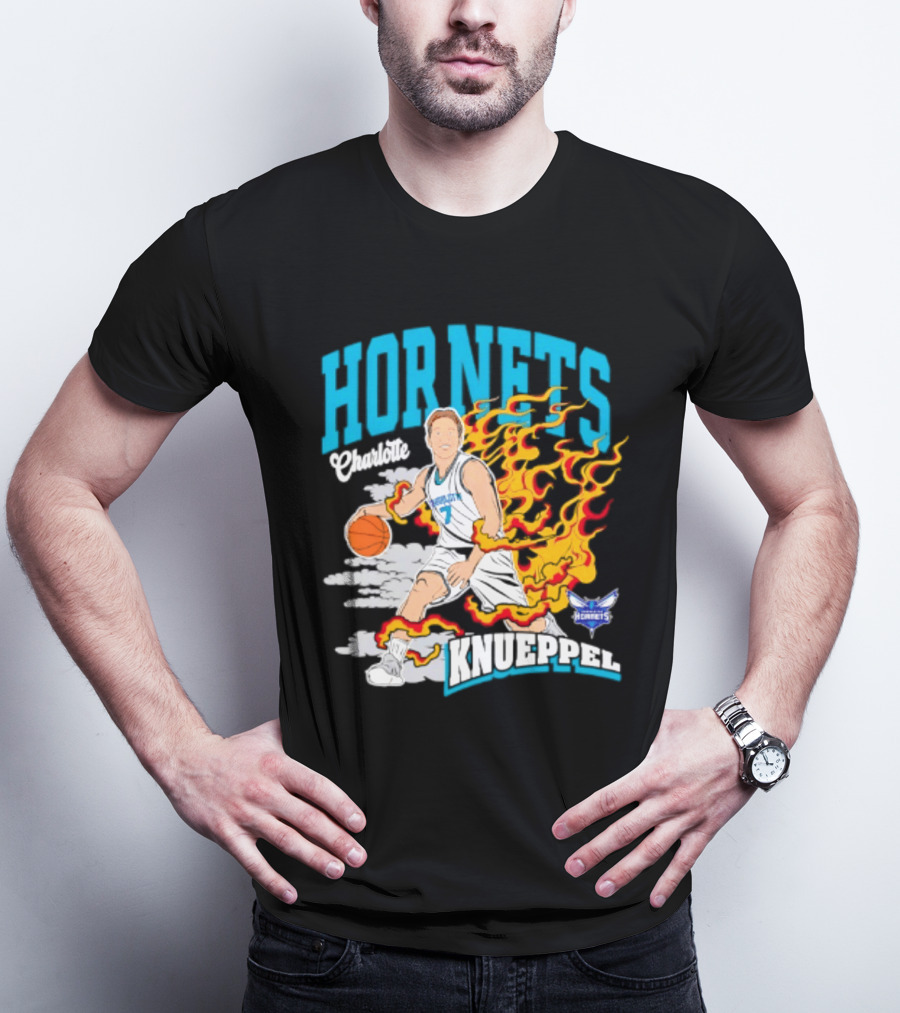 Charlotte Hornets Kon Knueppel Basketball With Flames Motif T-Shirt