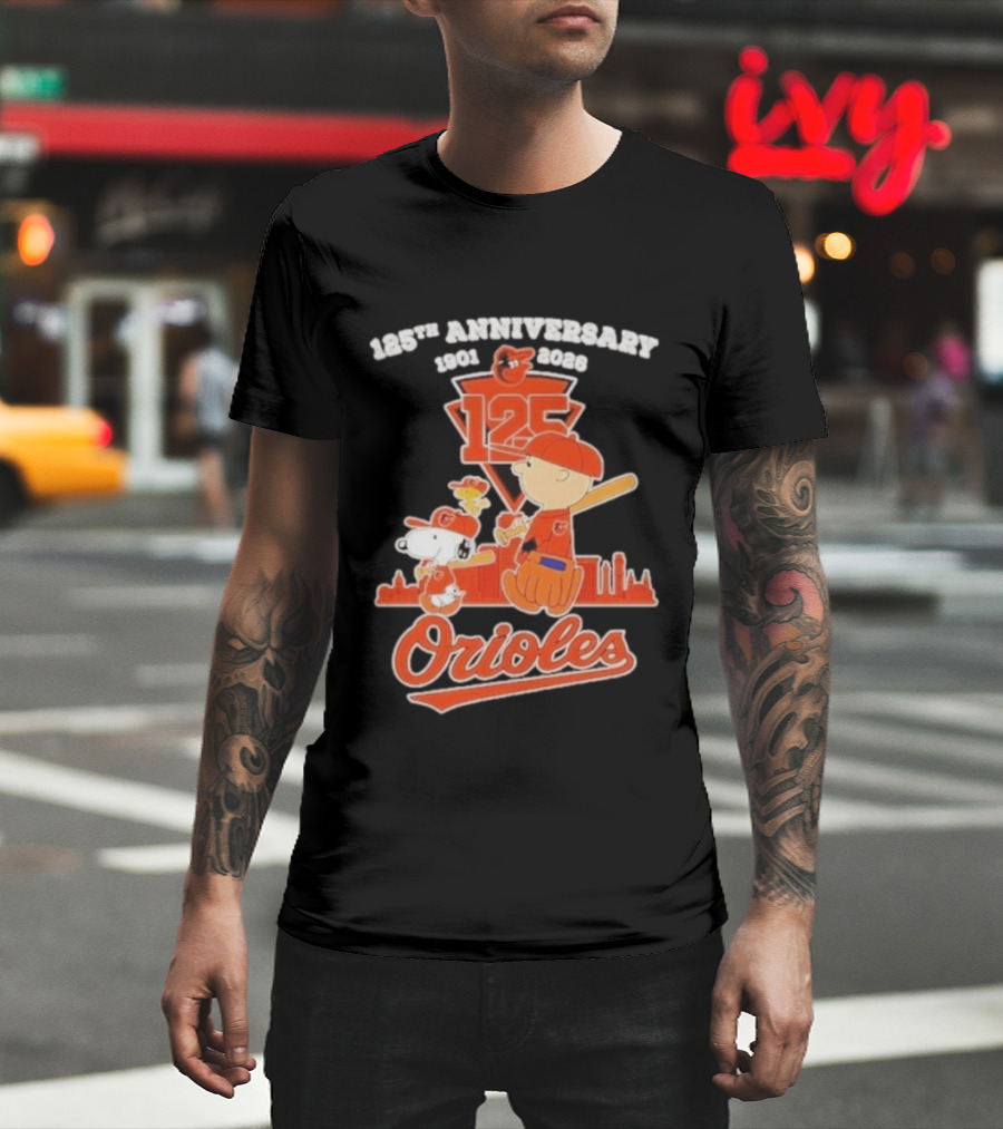 Peanuts Snoopy Baltimore Orioles 125th Anniversary 1901 2026 Skyline Baseball T-Shirt