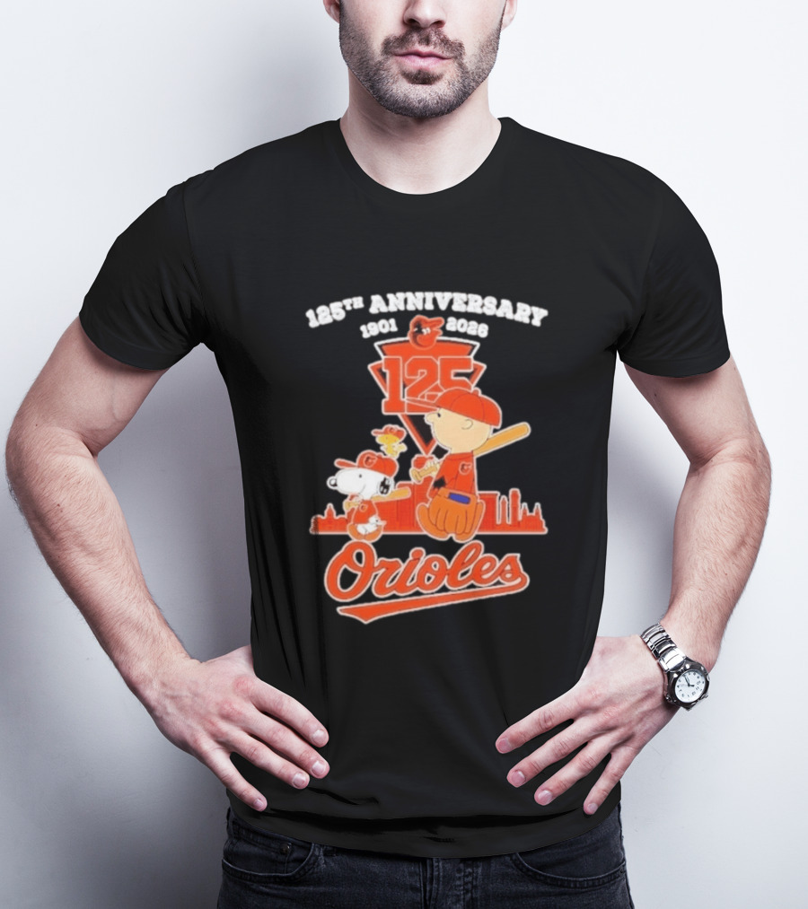 Peanuts Snoopy Baltimore Orioles 125th Anniversary 1901 2026 Skyline Baseball T-Shirt