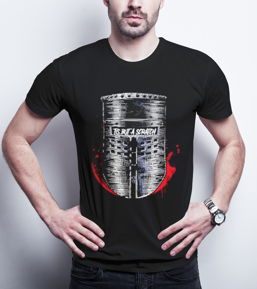Tis But A Scratch Knight Helmet Monty Python Black Knight Blood Splatter T-Shirt