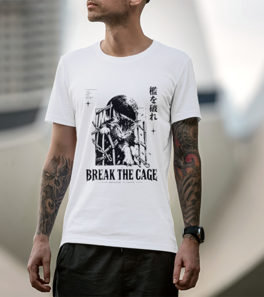 Break The Cage Freedom Is Taken Cat Kanji T-Shirt