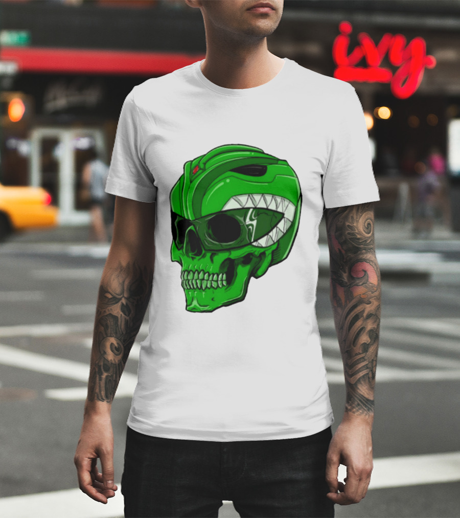 Mighty Morphin Power Rangers Green Ranger Zombie Skull Helmet Mashup T-Shirt