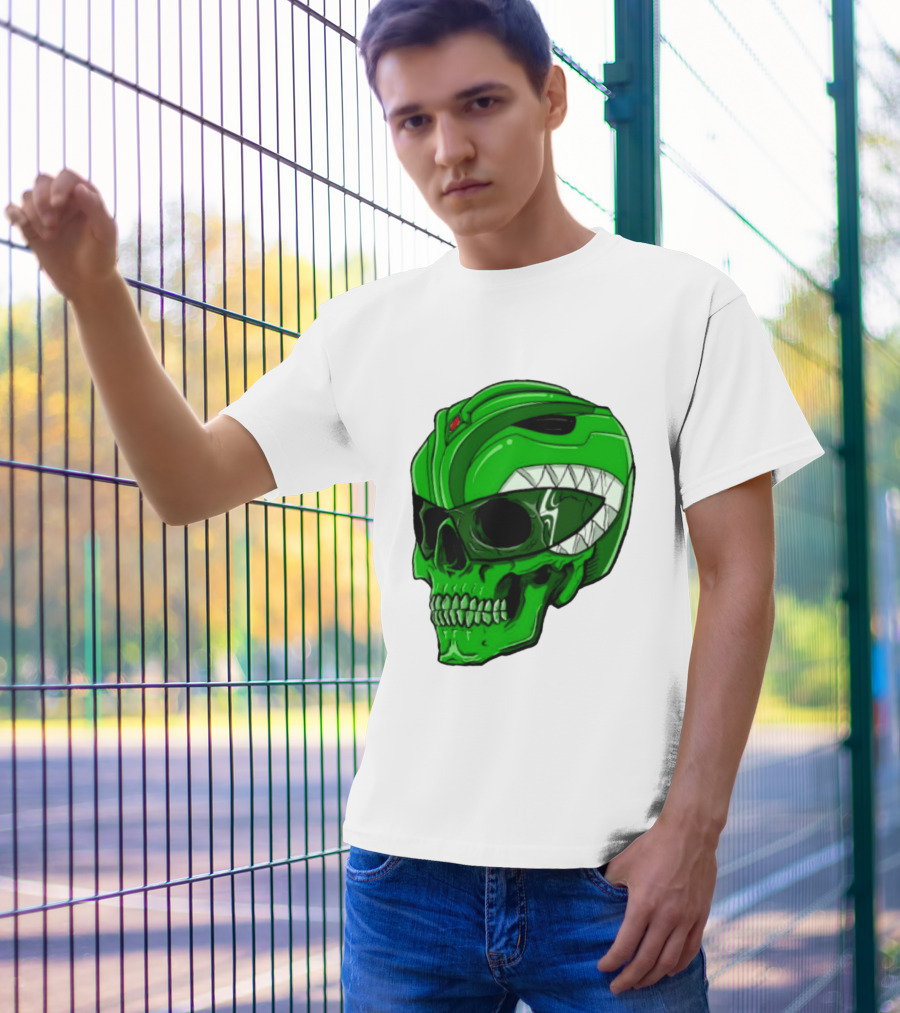Mighty Morphin Power Rangers Green Ranger Zombie Skull Helmet Mashup T-Shirt