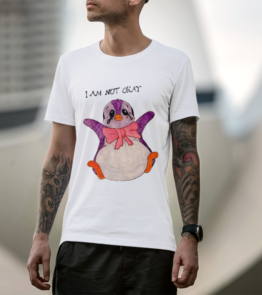 I Am Not Okay Crying Penguin Aesthetic Bow Tearful Purple Orange T-Shirt