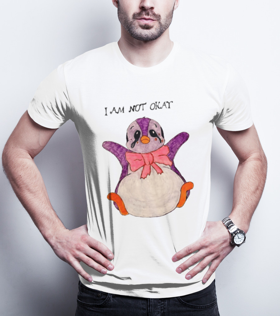 I Am Not Okay Crying Penguin Aesthetic Bow Tearful Purple Orange T-Shirt