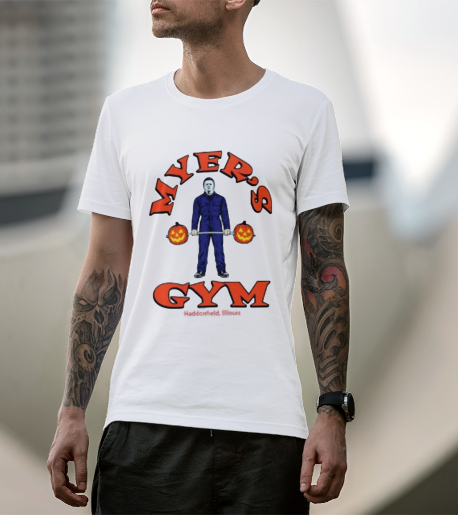 Myers's Gym Haddonfield Illinois Michael Myers Jack O' Lantern Weightlifting Halloween T-Shirt