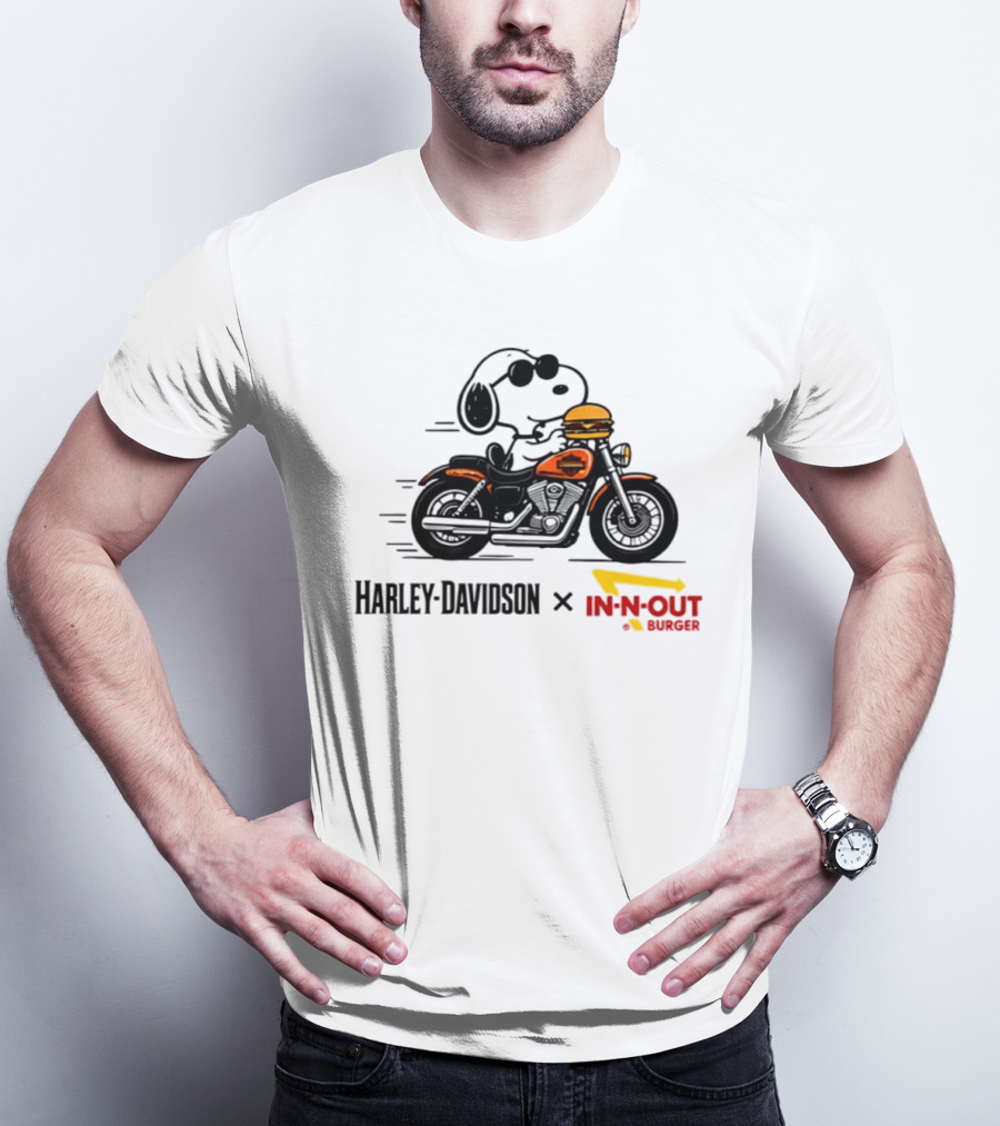 Snoopy Riding Harley Davidson With In N Out Burger Collaboration T-Shirt