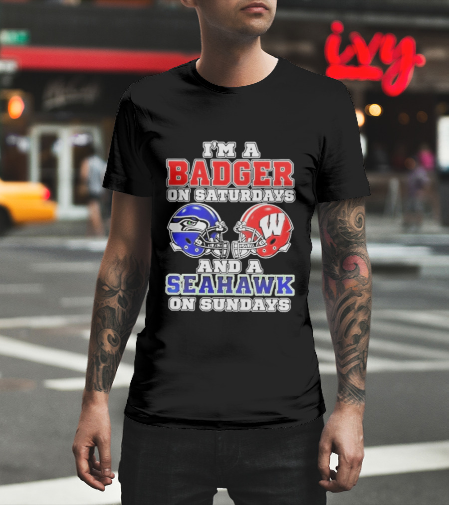 I'm A Badger On Saturdays And A Seahawk On Sundays Helmet T-Shirt