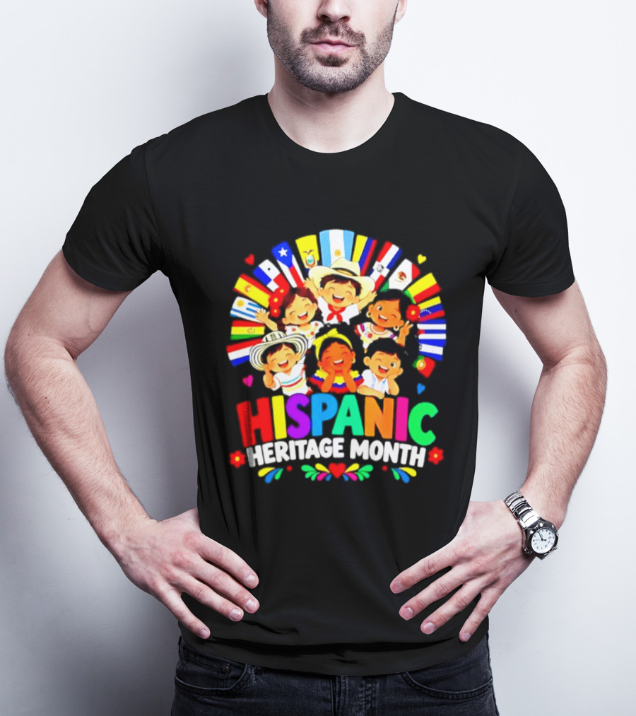 Hispanic Heritage Month Celebration With Latino Countries Flags And Happy Children T-Shirt