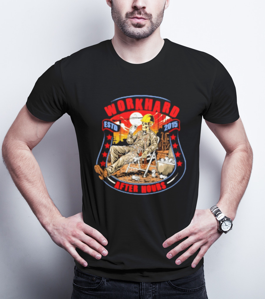 Work Hard After Hours Estd 2015 Skeleton Construction Worker Relaxing Moonlight Scene T-Shirt