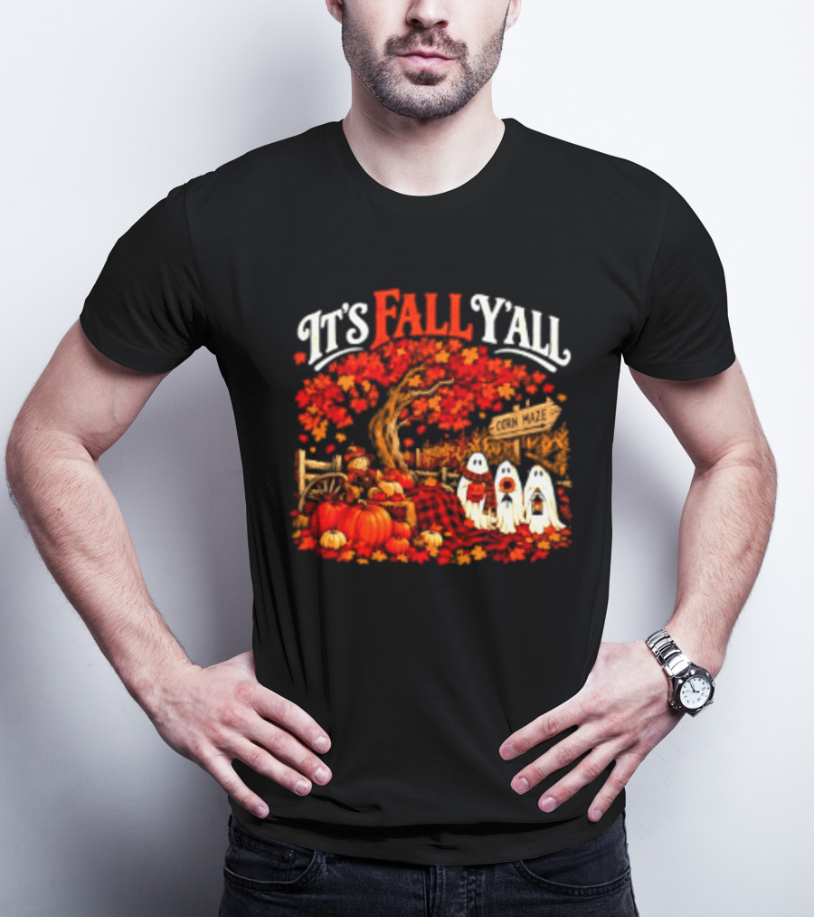 It's Fall Y'all Corn Maze Pumpkins Scarecrow Ghosts Halloween Tree T-Shirt