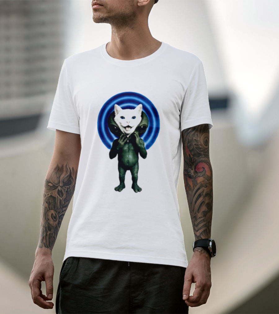 Cat Unzipping Alien Costume Sci Fi Whimsical Blue Ripple Effect T-Shirt