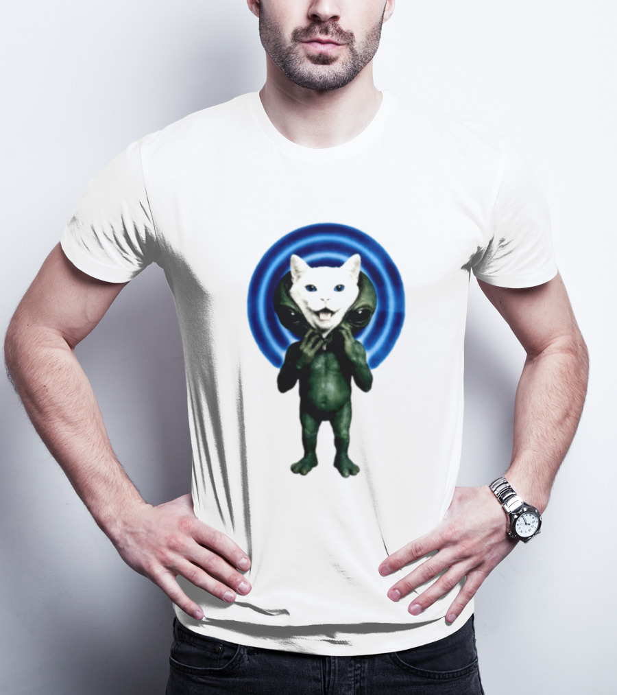 Cat Unzipping Alien Costume Sci Fi Whimsical Blue Ripple Effect T-Shirt