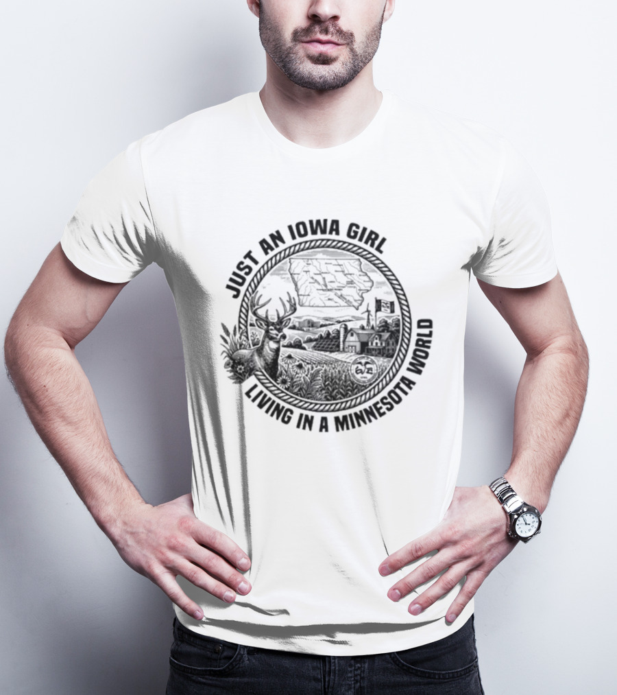 Just An Iowa Girl Living In A Minnesota World Nature Moose Cabin Scene T-Shirt