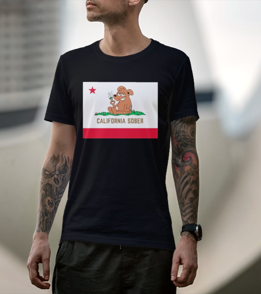 California Sober Bear With Joint And Drink State Flag T-Shirt