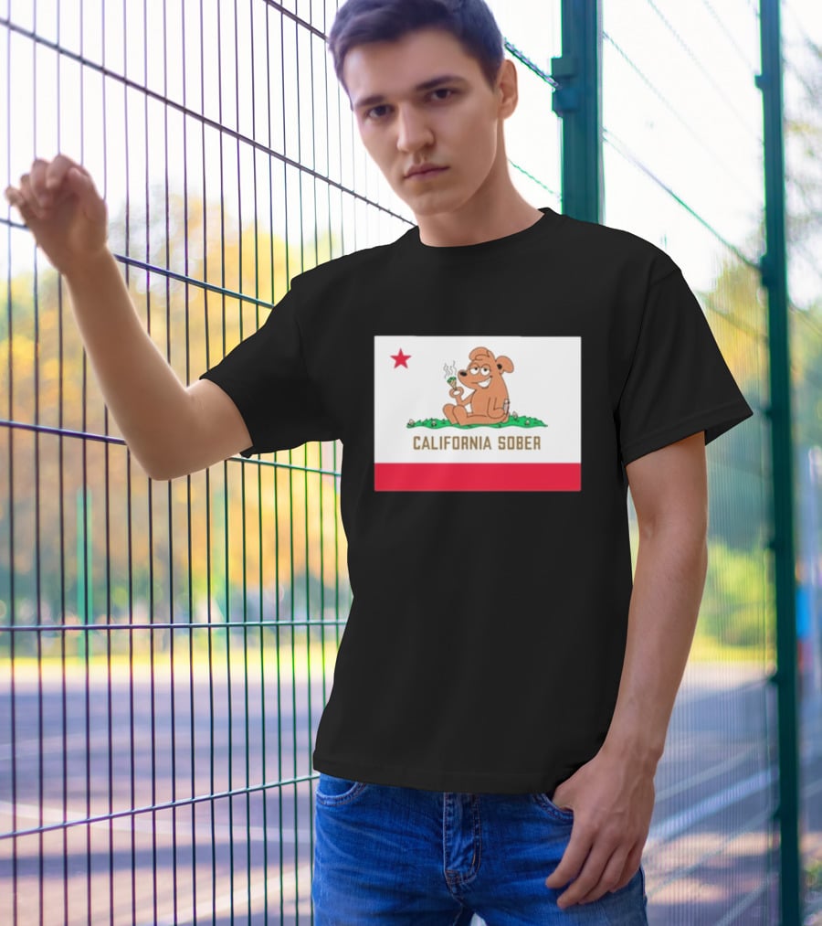 California Sober Bear With Joint And Drink State Flag T-Shirt