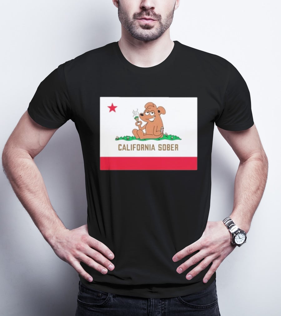 California Sober Bear With Joint And Drink State Flag T-Shirt