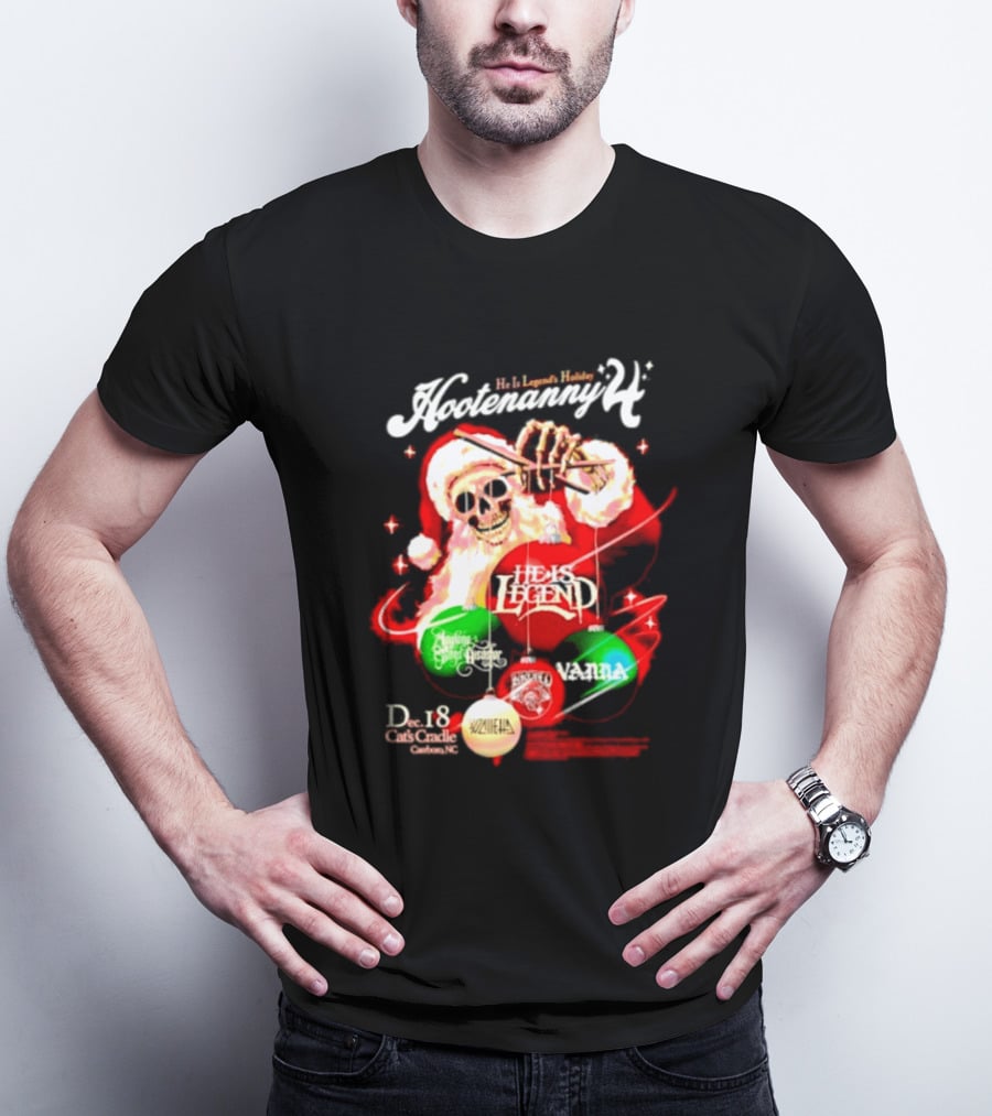 Holiday Hootenanny He Is Legend Skeleton Santa Cat's Cradle Carrboro NC Christmas T-Shirt