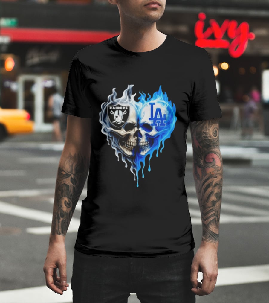 Las Vegas Raiders Los Angeles Dodgers Skulls Heart Blue Flames T-Shirt