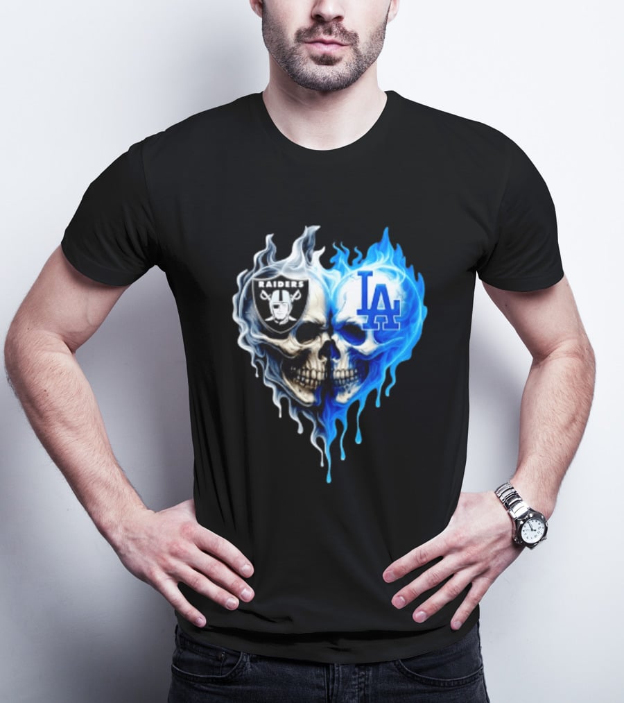 Las Vegas Raiders Los Angeles Dodgers Skulls Heart Blue Flames T-Shirt