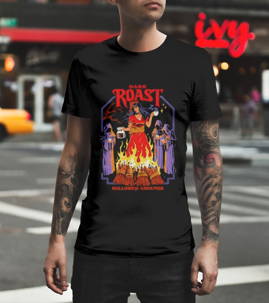 Dark Roast Hallowed Grounds Coffee Witch Brewing Flames And Rituals T-Shirt