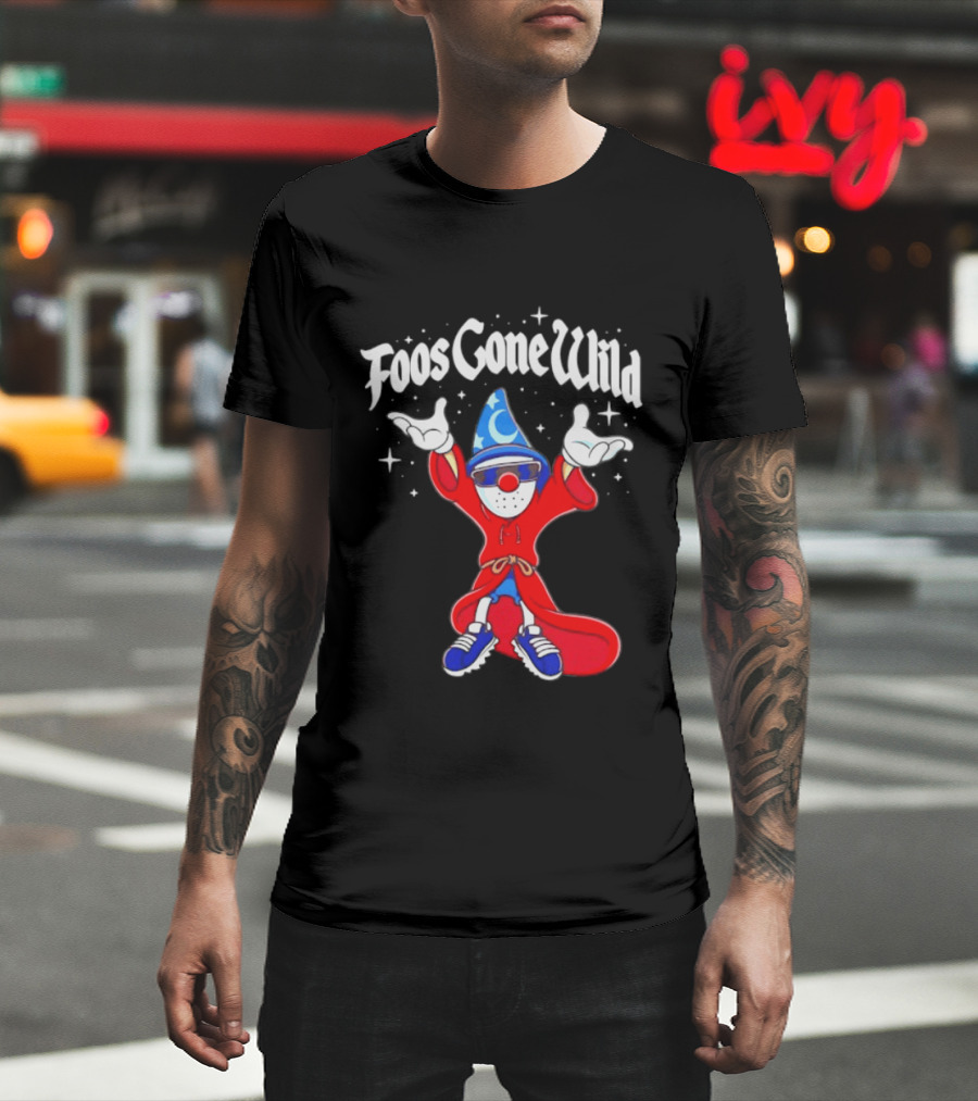 Foos Gone Wild Wizard Streetwear Cartoon Character With Blue Hat And Sunglasses T-Shirt