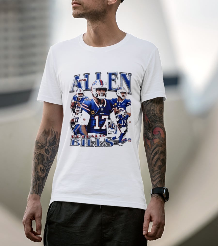 Josh Allen Buffalo Bills NFL Player Collage Featuring Number 17 Football Star T-Shirt