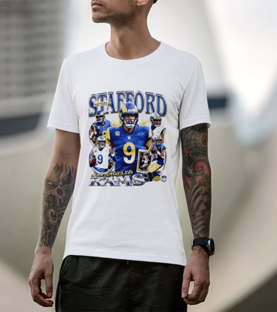 Matthew Stafford Los Angeles Rams 2026 Player Collage Number 9 Helmet Action Photos T-Shirt