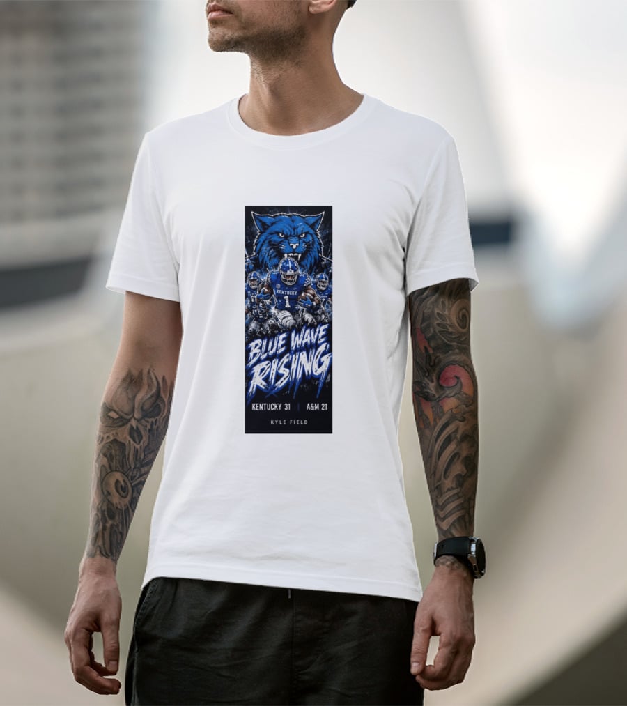 NCAA Kentucky Wildcats Blue Wave Rising 31 To 21 Victory At Texas AM Kyle Field T-Shirt