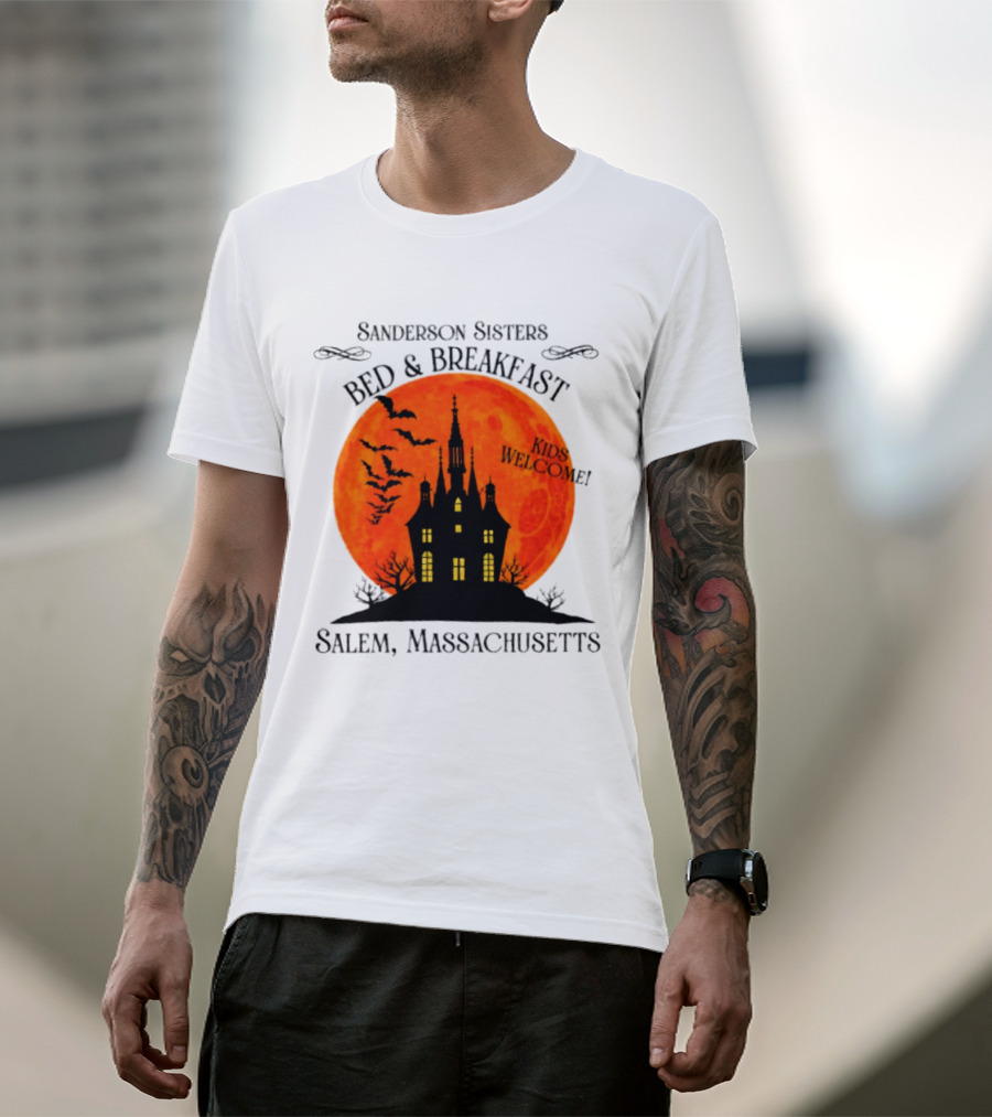 Sanderson Sisters Bed And Breakfast Kids Welcome Salem Massachusetts Halloween Bats Haunted House T-Shirt