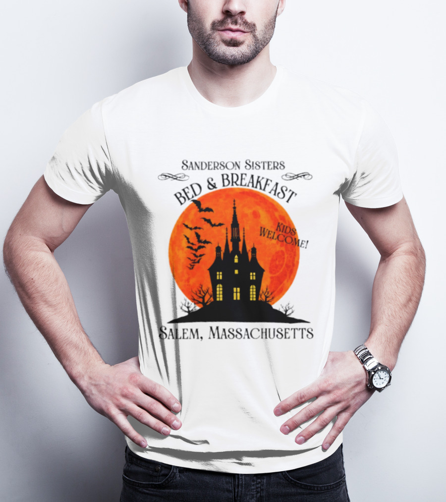 Sanderson Sisters Bed And Breakfast Kids Welcome Salem Massachusetts Halloween Bats Haunted House T-Shirt